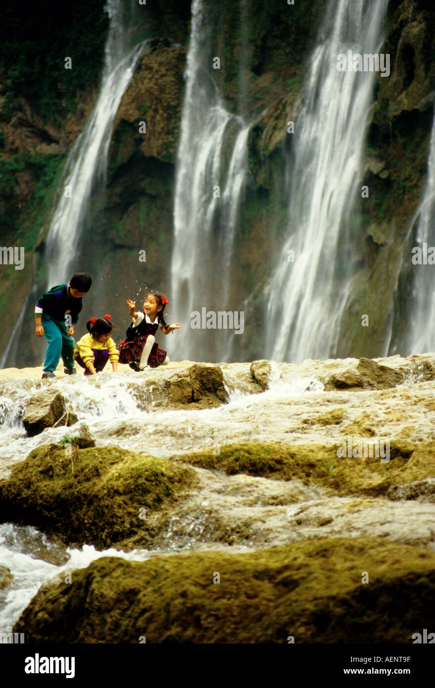 Huangguoshu Falls Guizhou China Children playing in water below main ...