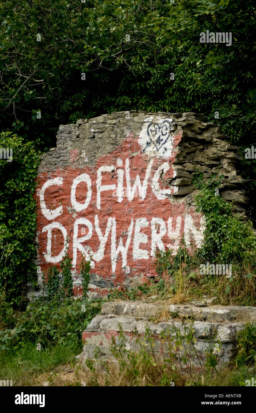 Cofiwch Dryweryn Remember Tryweryn graffiti on old wall Llanrhystud ...
