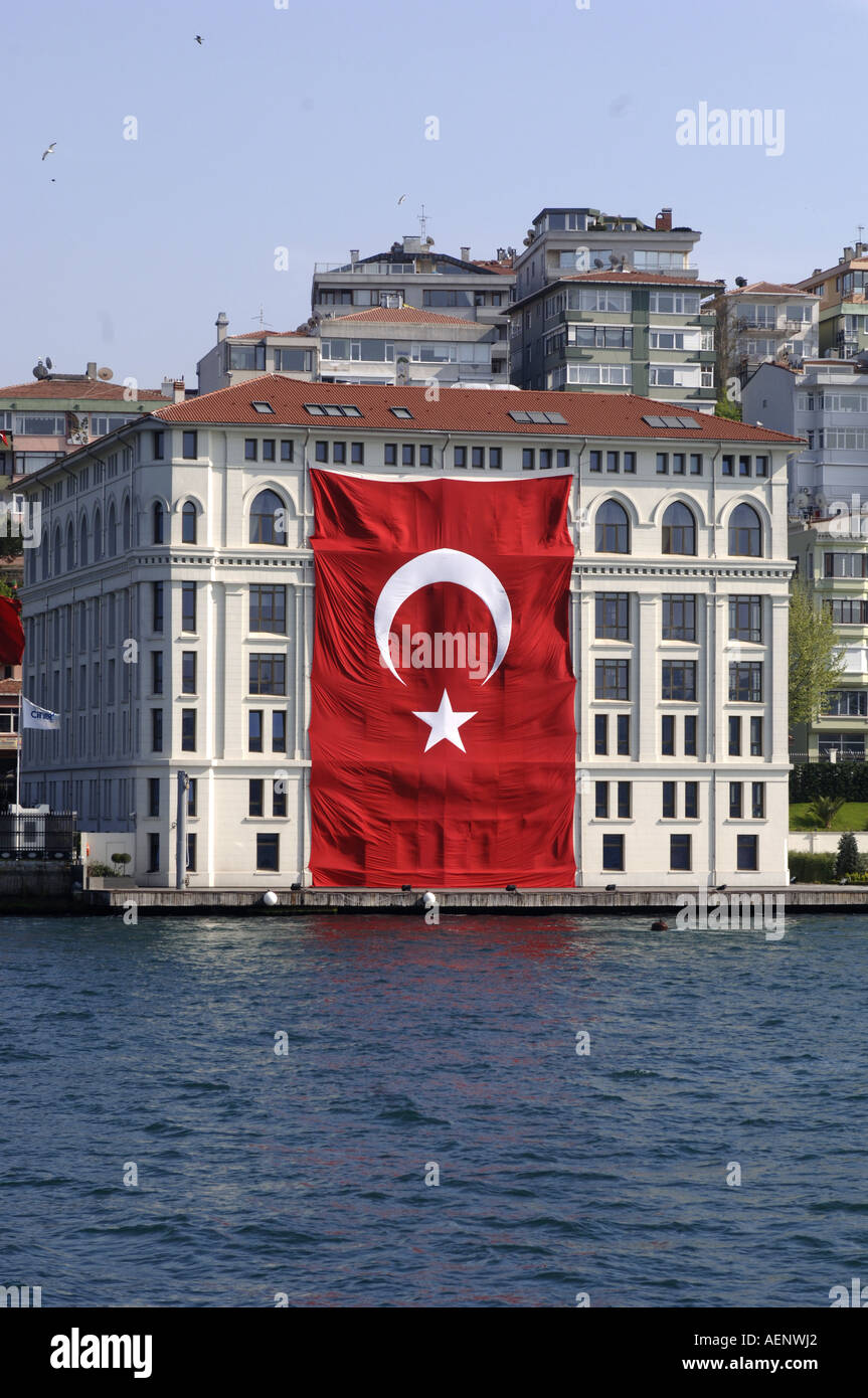 A Turkish building draped with the flag of Turkey in Istanbul Stock ...