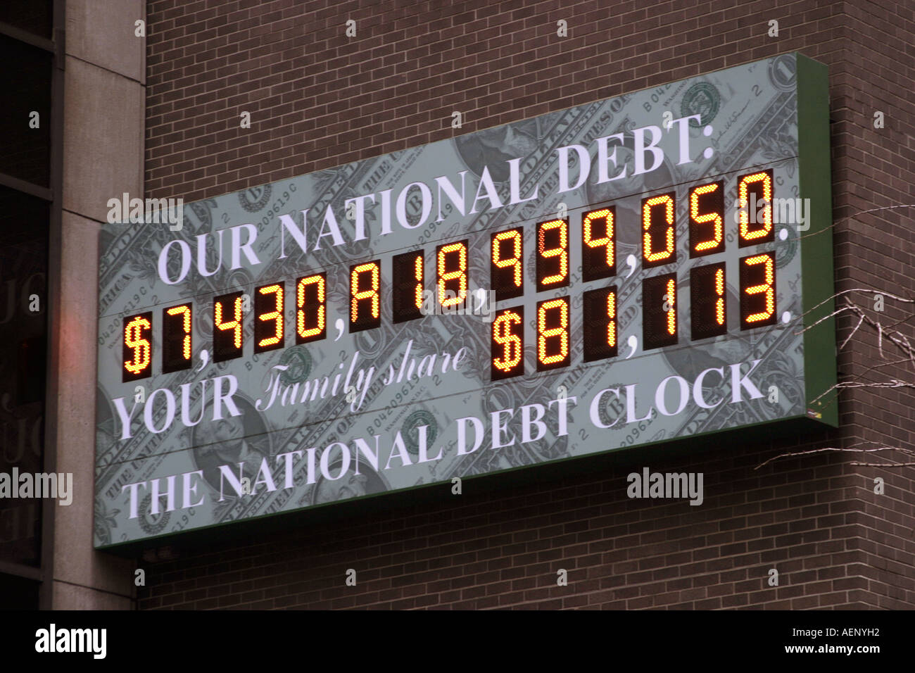 Our national debt neon sign in Manhattan New York America showing the ...