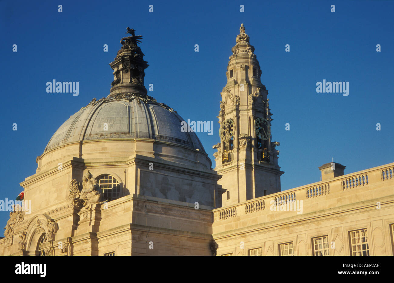 The clock tower and dome of cardiff City Hall city centre Cardiff ...