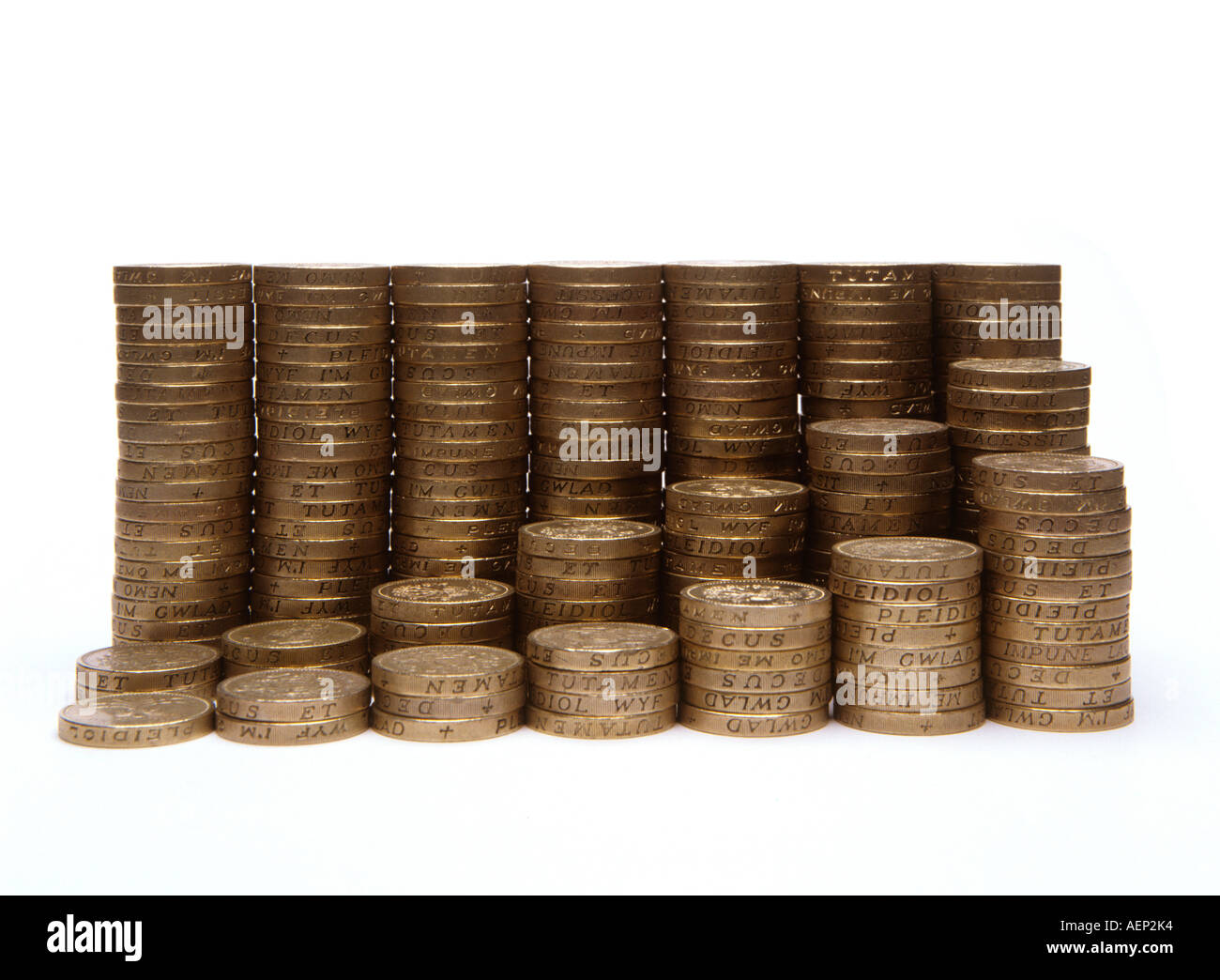 Money rising pile of U K Pound coins in graph form Stock Photo - Alamy