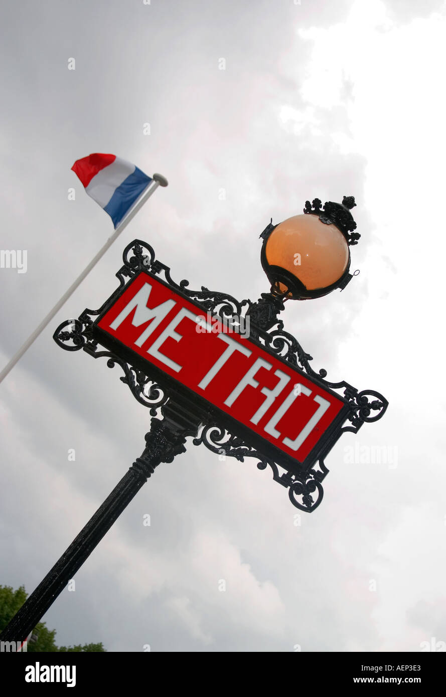 Metro train station sign and flag Paris France Europe Stock Photo - Alamy