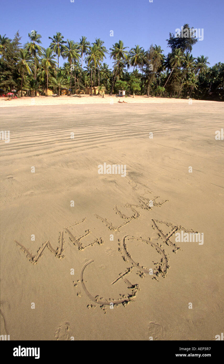 India Goa Palolem words we love Goa written in sand on the beach Stock ...