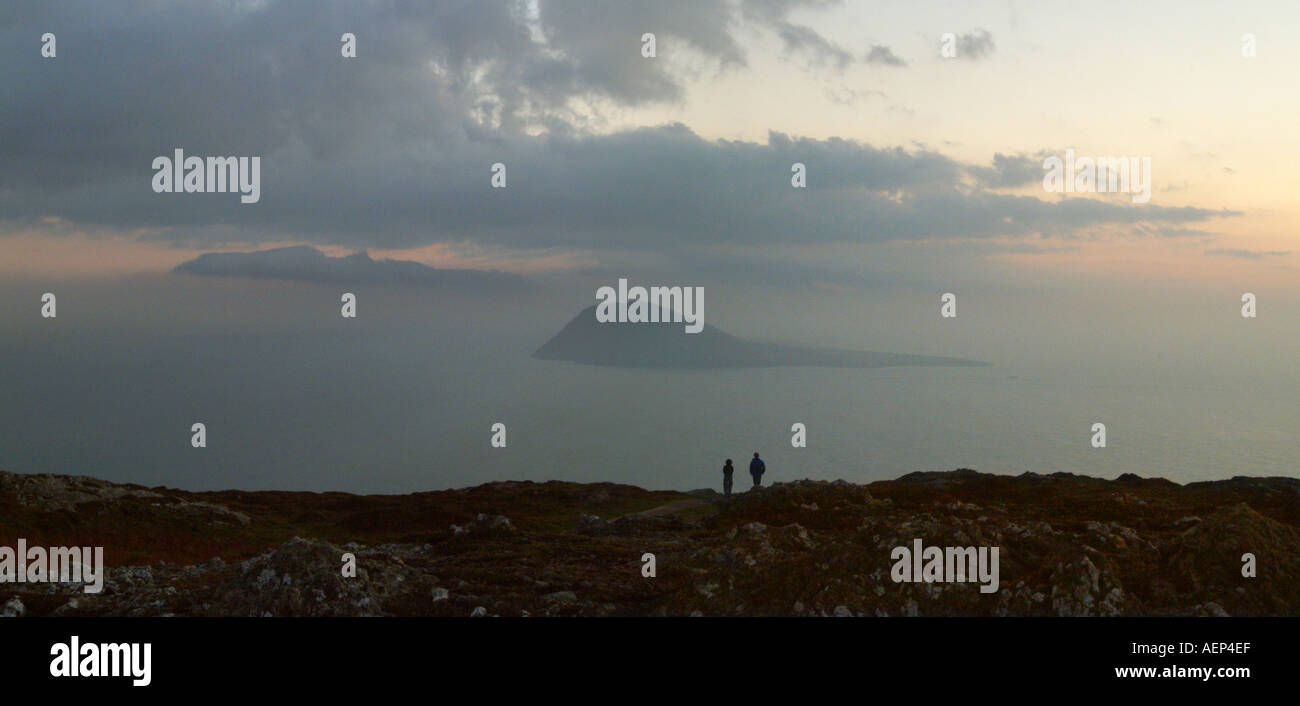 Bardsey island from Mynydd Mawr Cardigan Bay Wales U K Europe Ynys ...