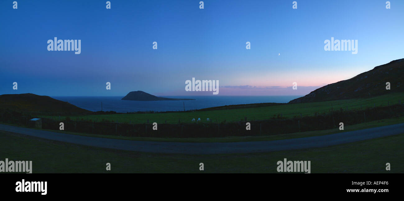 Bardsey island from Mynydd Mawr Cardigan Bay Wales U K Europe Ynys ...