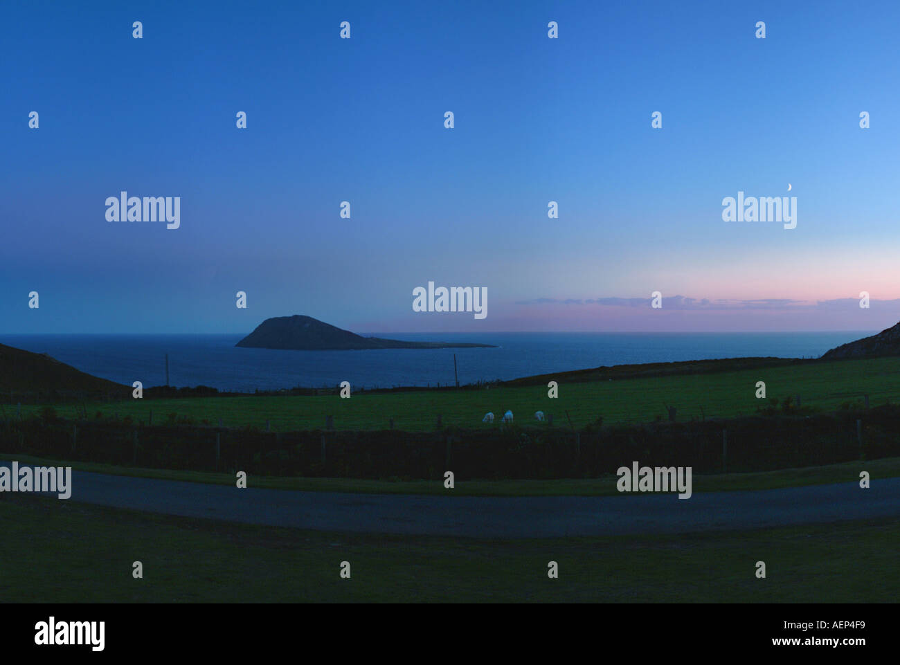 Bardsey island from Mynydd Mawr Cardigan Bay Wales U K Europe Ynys ...