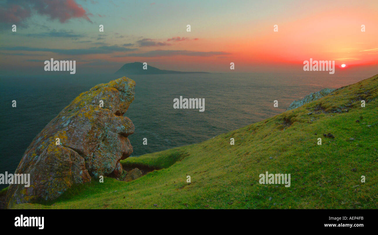 Bardsey island from Mynydd Mawr Trwyn Maen Melyn Standing stone ...