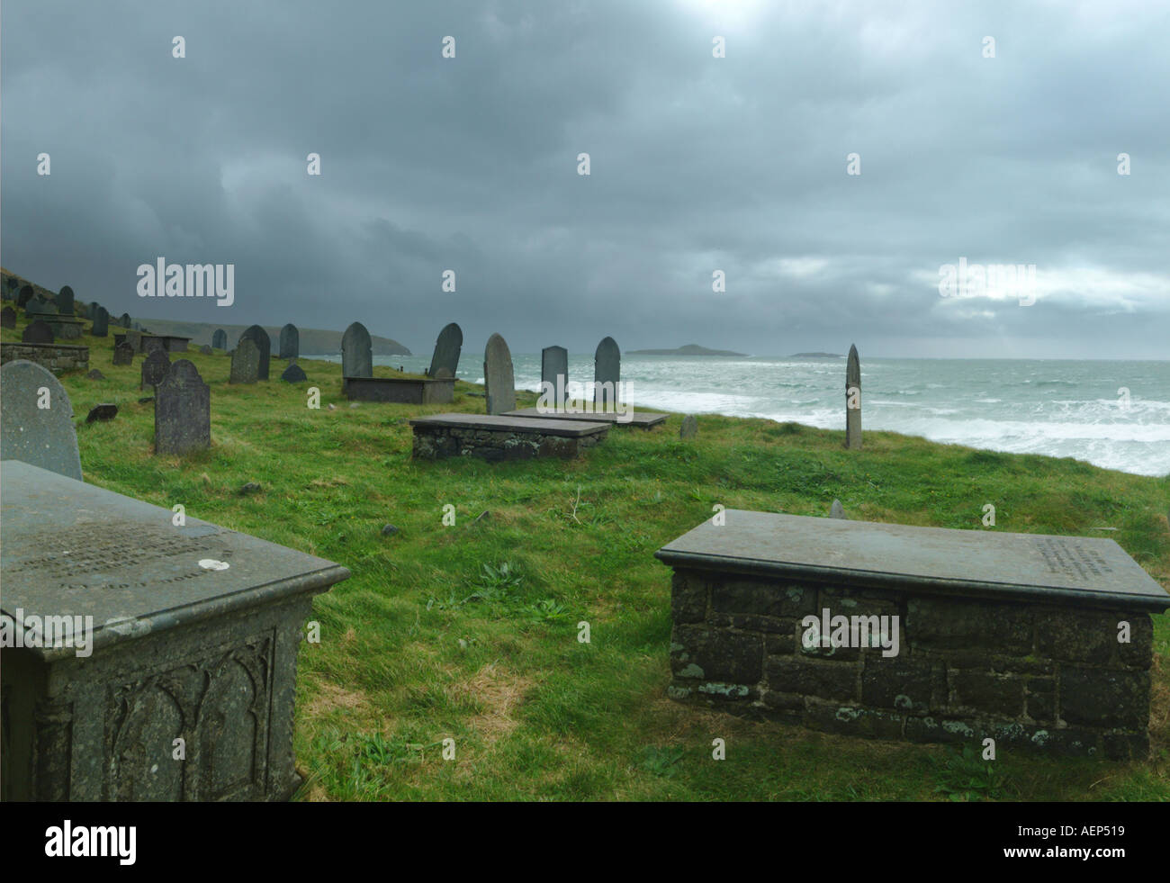 Aberdaron church yard north Wales U K Europe Lleyn Peninsula Ynys ...