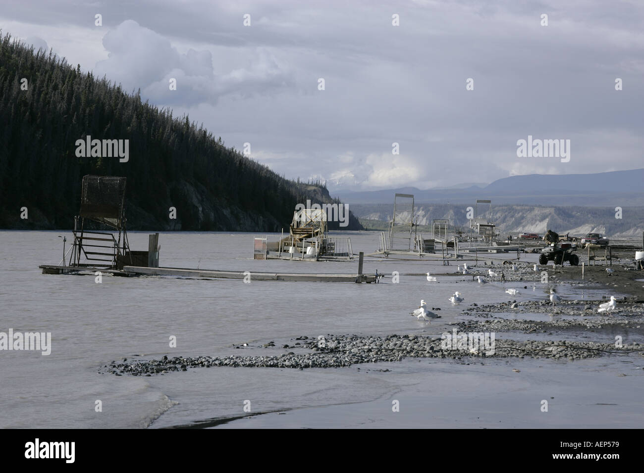 fish wheels for salmon fishing on the Copper river near the village of ...