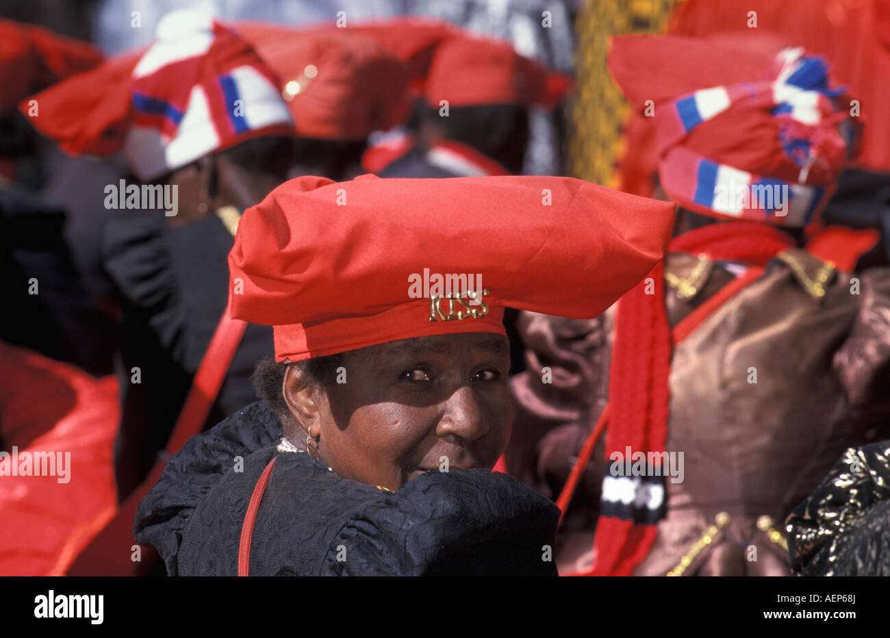 Namibia Okahandja Red Flag Herero women gathered in traditional wear at ...