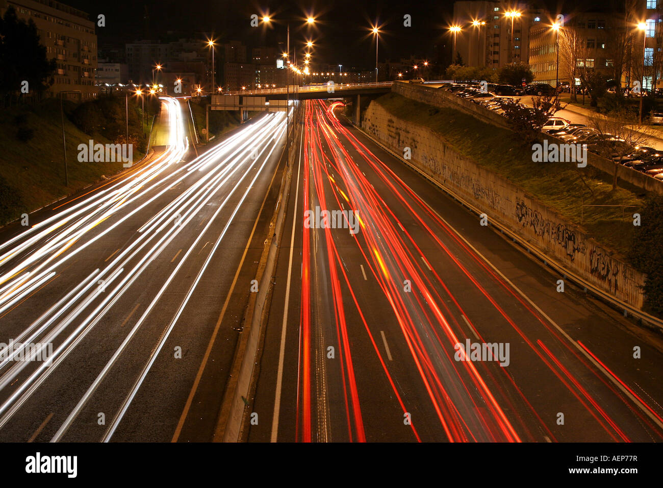 overview of a highway at night with multiple light streaks Stock Photo ...