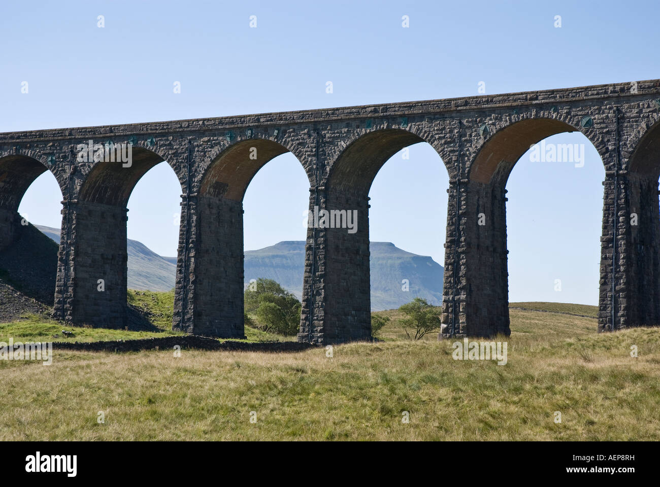 Ingleborough seen through the Ribblehead Viaduct in the Yorkshire Dales ...