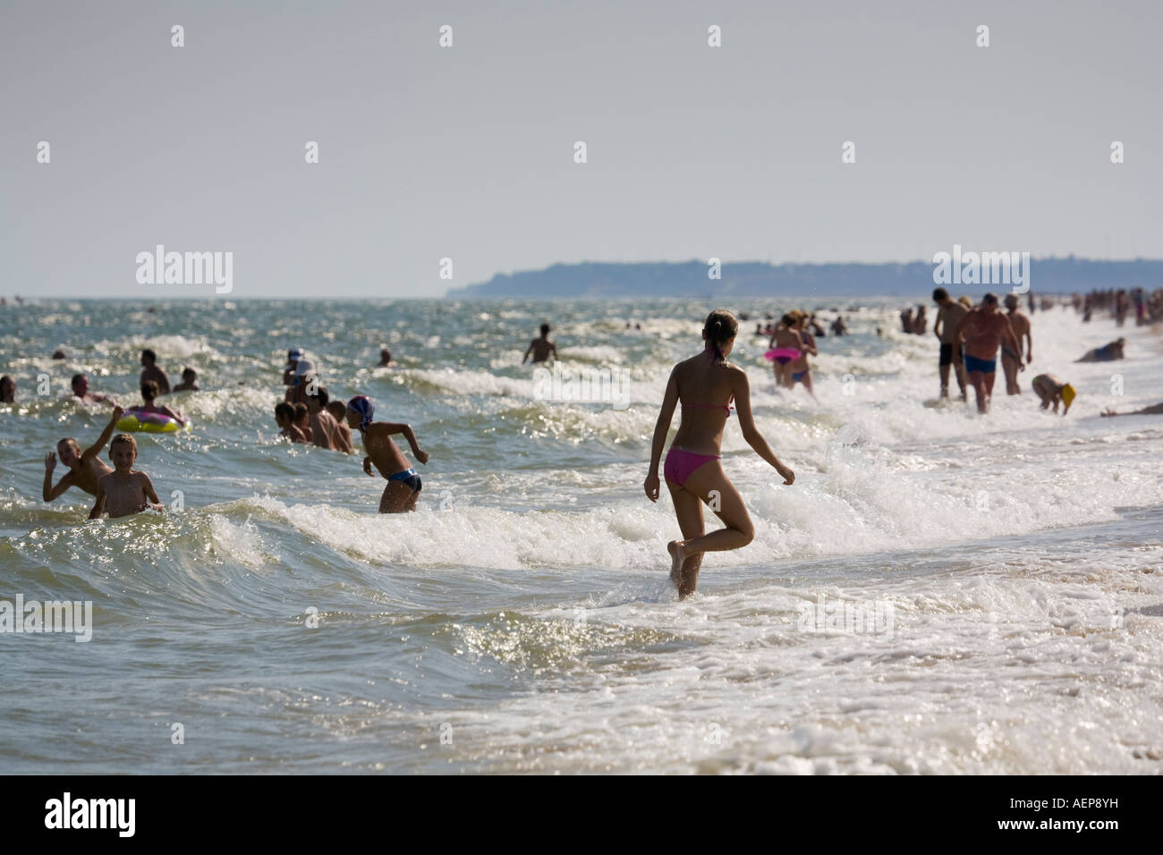 Tourists taking a bath in the Black Sea surf at Sergejewka / Ukraine ...