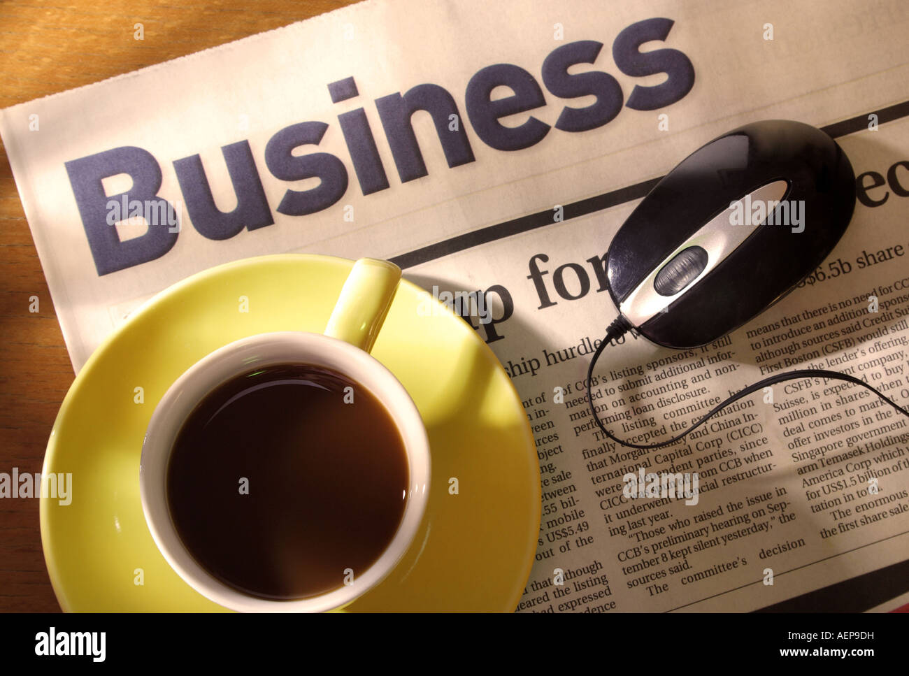 Coffee Newspaper and Mouse on Desk Stock Photo - Alamy