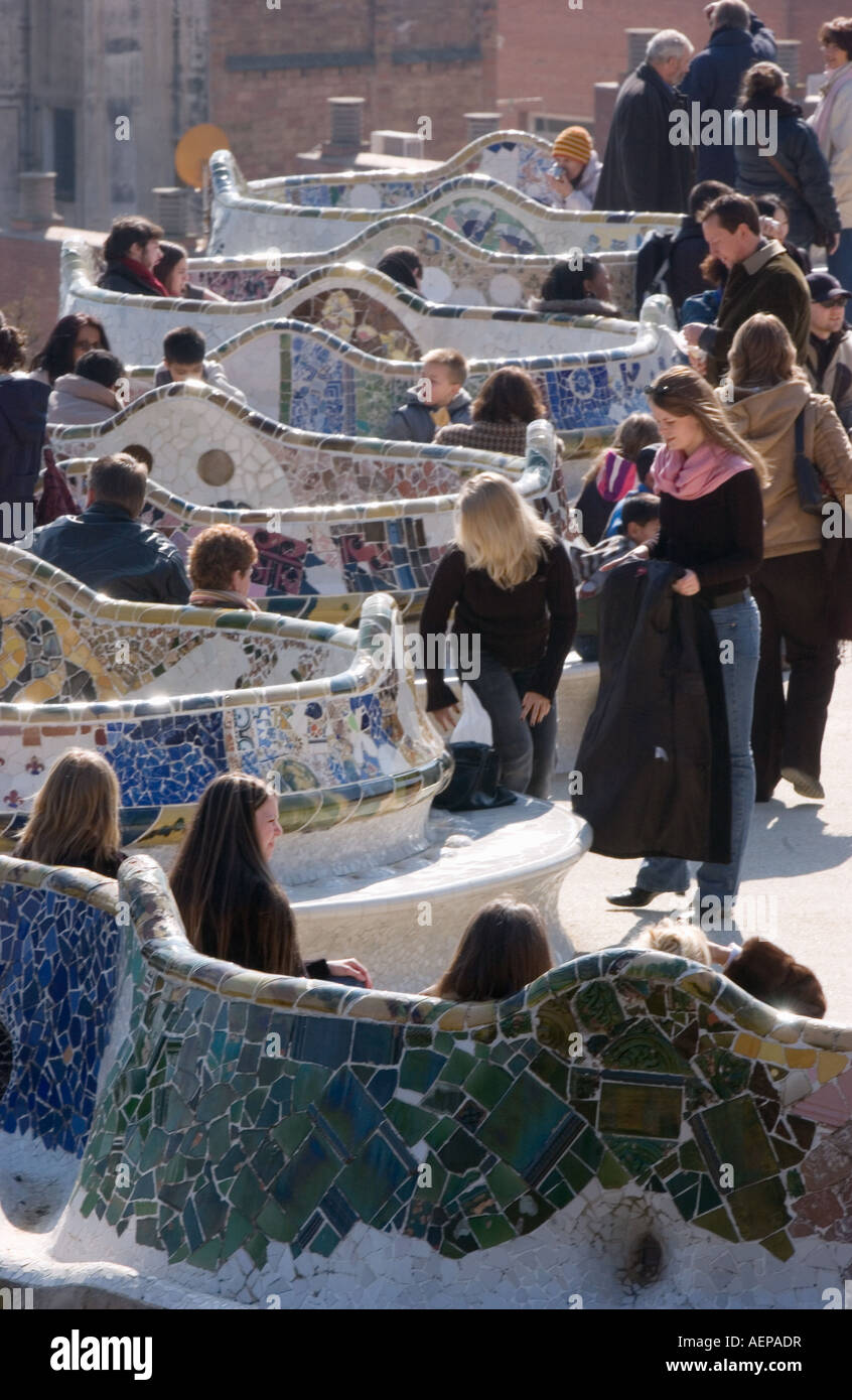 Snakebench at Parc Guell in Barcelona, Spain, designed by Gaudi Stock ...