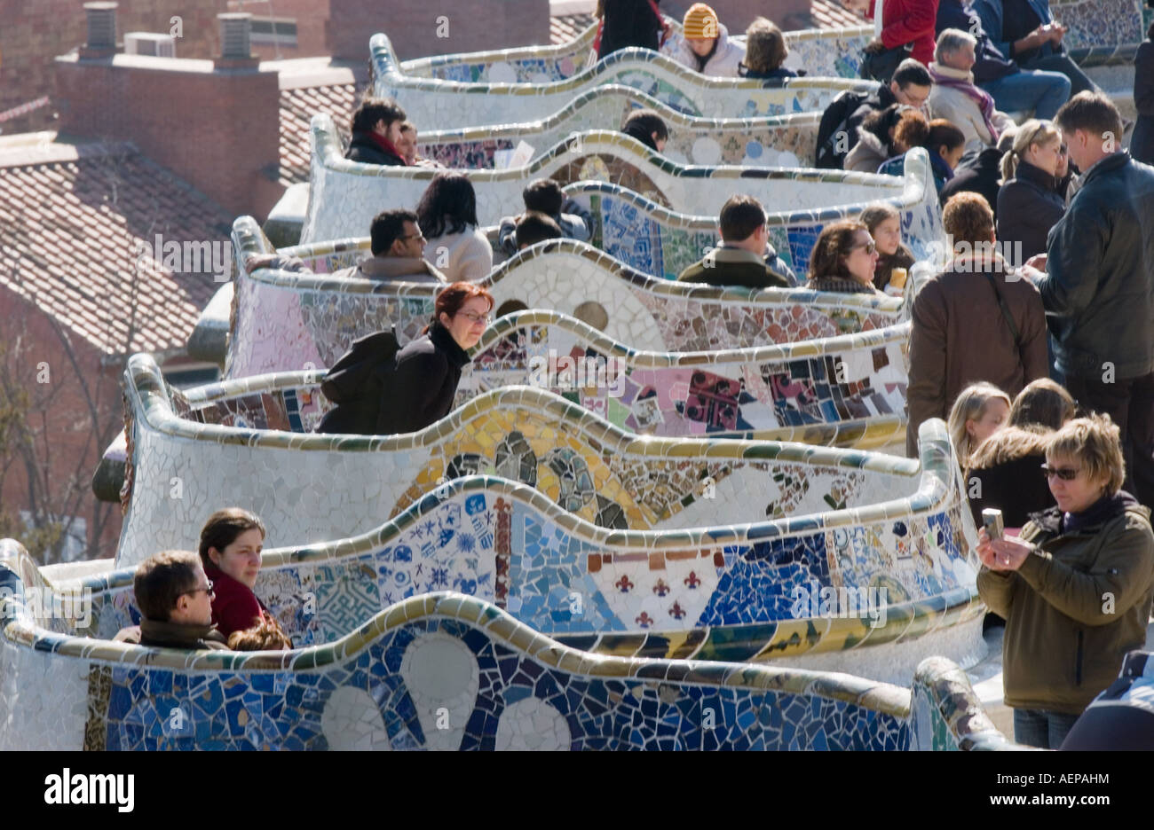 Snakebench at Parc Guell in Barcelona, Spain, designed by Gaudi Stock ...