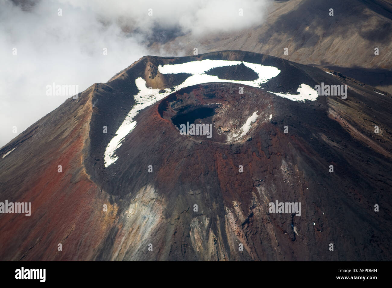 Crater and secondary cone of Mount Ngauruhoe from the air, Tongariro ...