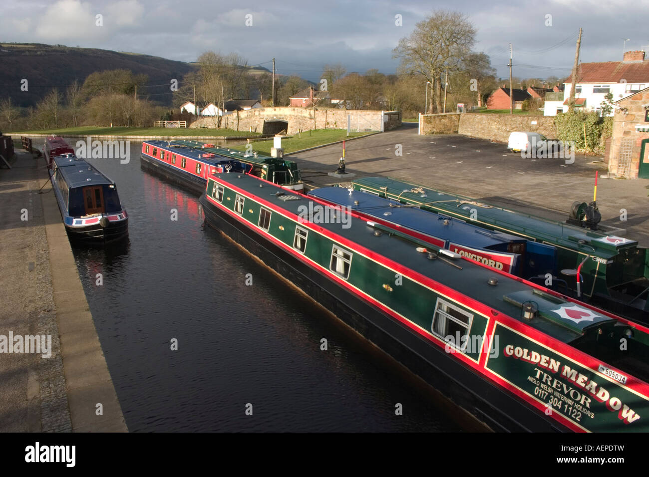 Canal longboats lined up in Llangollen North Wales UK Stock Photo - Alamy
