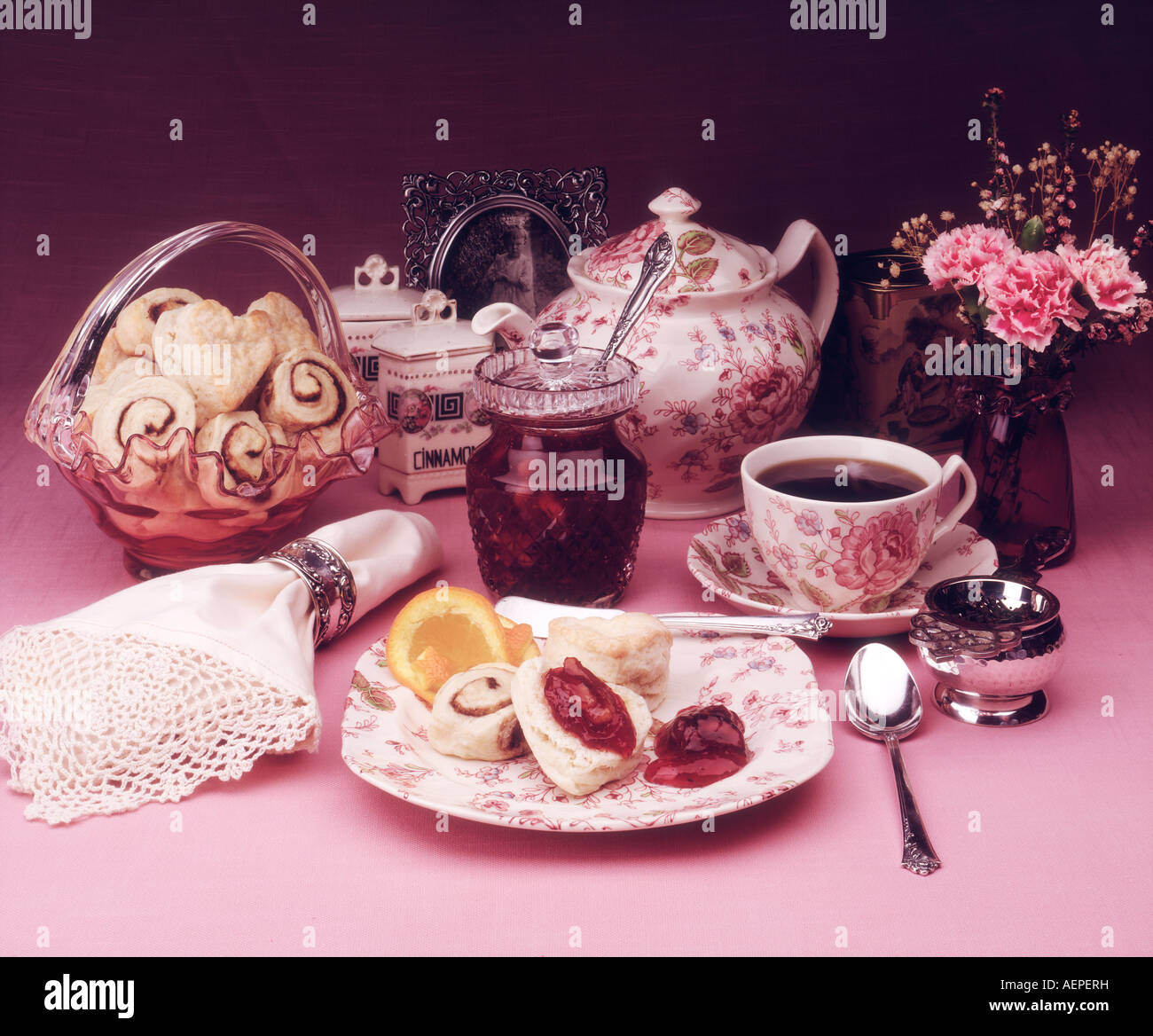 Victorian Tea Setting with Tea Cakes on Pink Stock Photo - Alamy