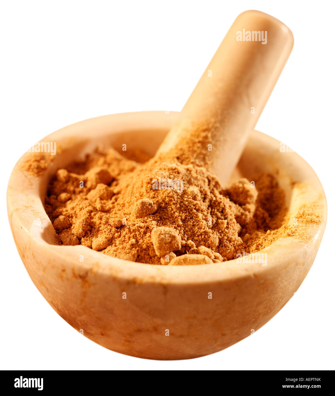 GINGER POWDER IN PESTLE AND MORTAR CUT OUT Stock Photo - Alamy