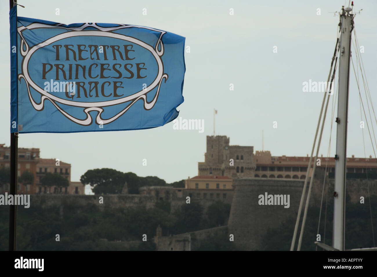 Flag of the Princess Grace Theatre with the Royal Palace in the ...