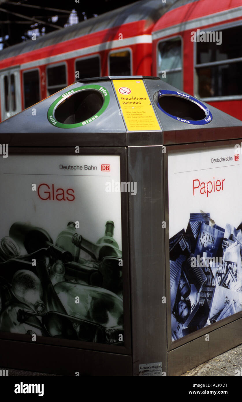 Recycling bin on the platform at Cologne main railway station, Germany ...