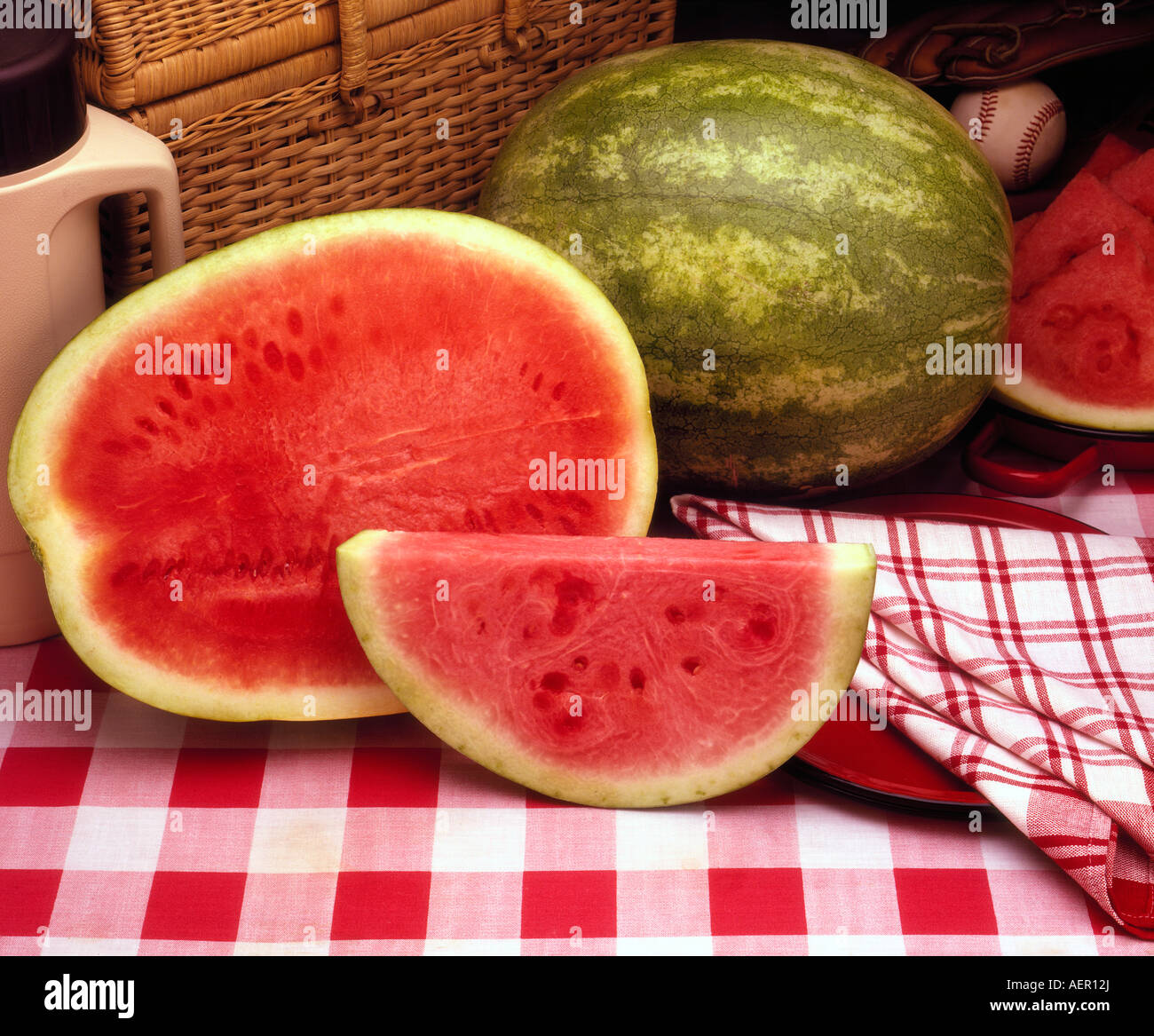 Watermelon on Picnic Table Stock Photo - Alamy