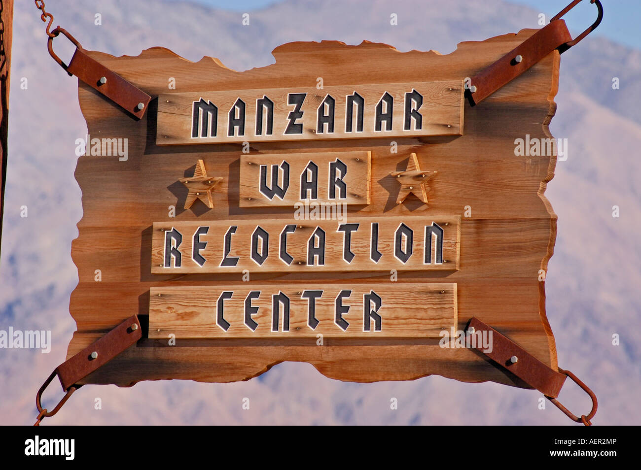 Entrance sign at Manzanar War Relocation Center National Historic Site ...