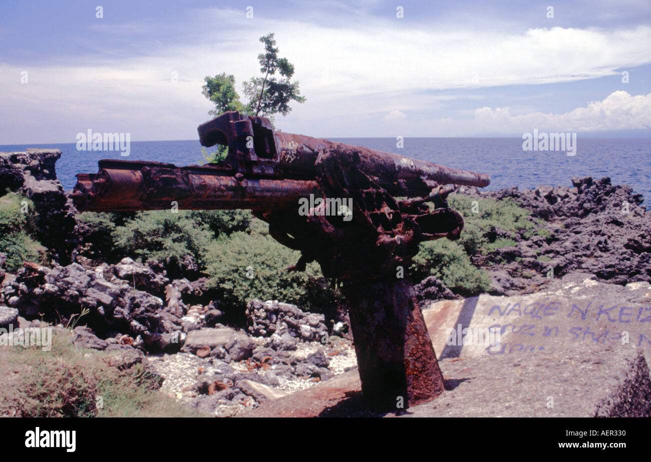 Rusted old WW11 gun on the banks of Madang Harbour in Papua New Guinea ...