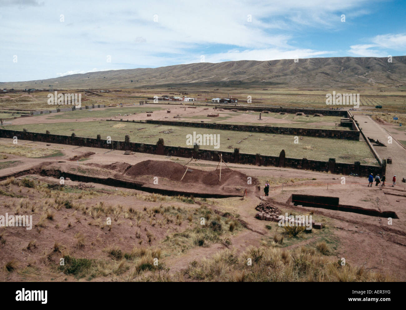 View over the Pre-columbian site of Tiahuanaco northwest of La Paz ...