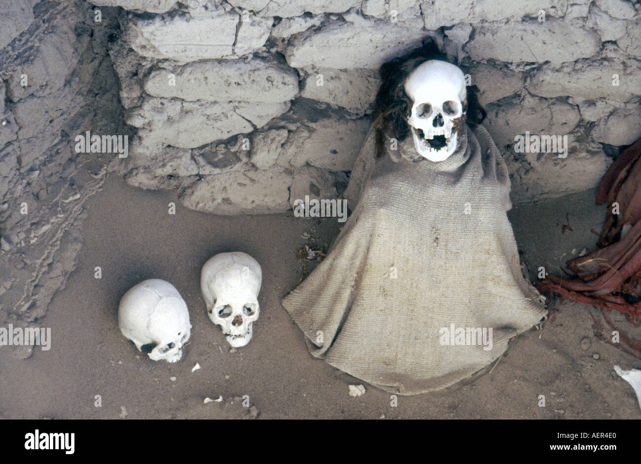 Mummified human remains at Chauchilla cemetery Nazca Peru South America ...