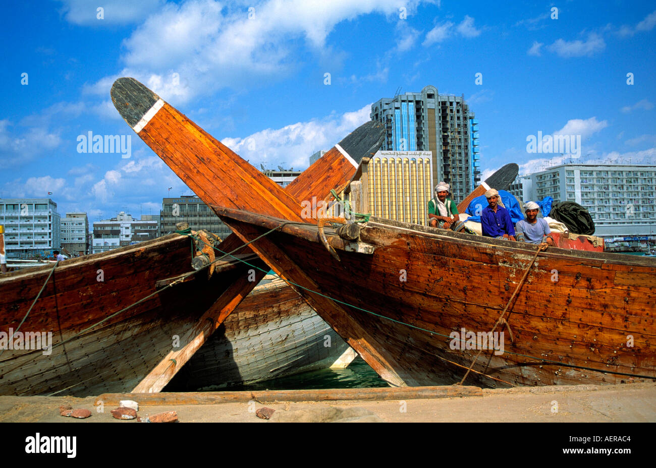 traditional wooden ship dhow sea inlet of creek skyline of city of ...