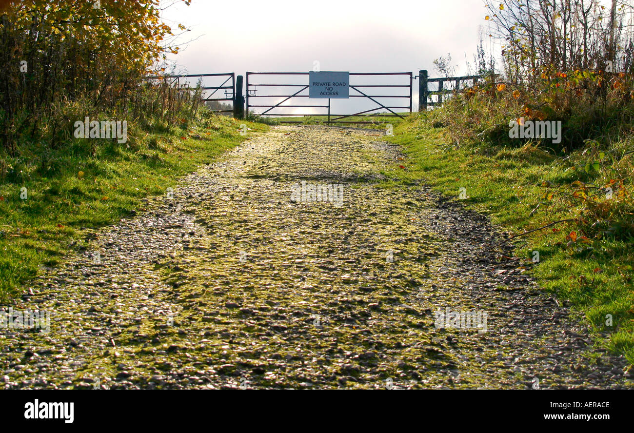 Rough track leading to gate with private road no access sign Stock ...