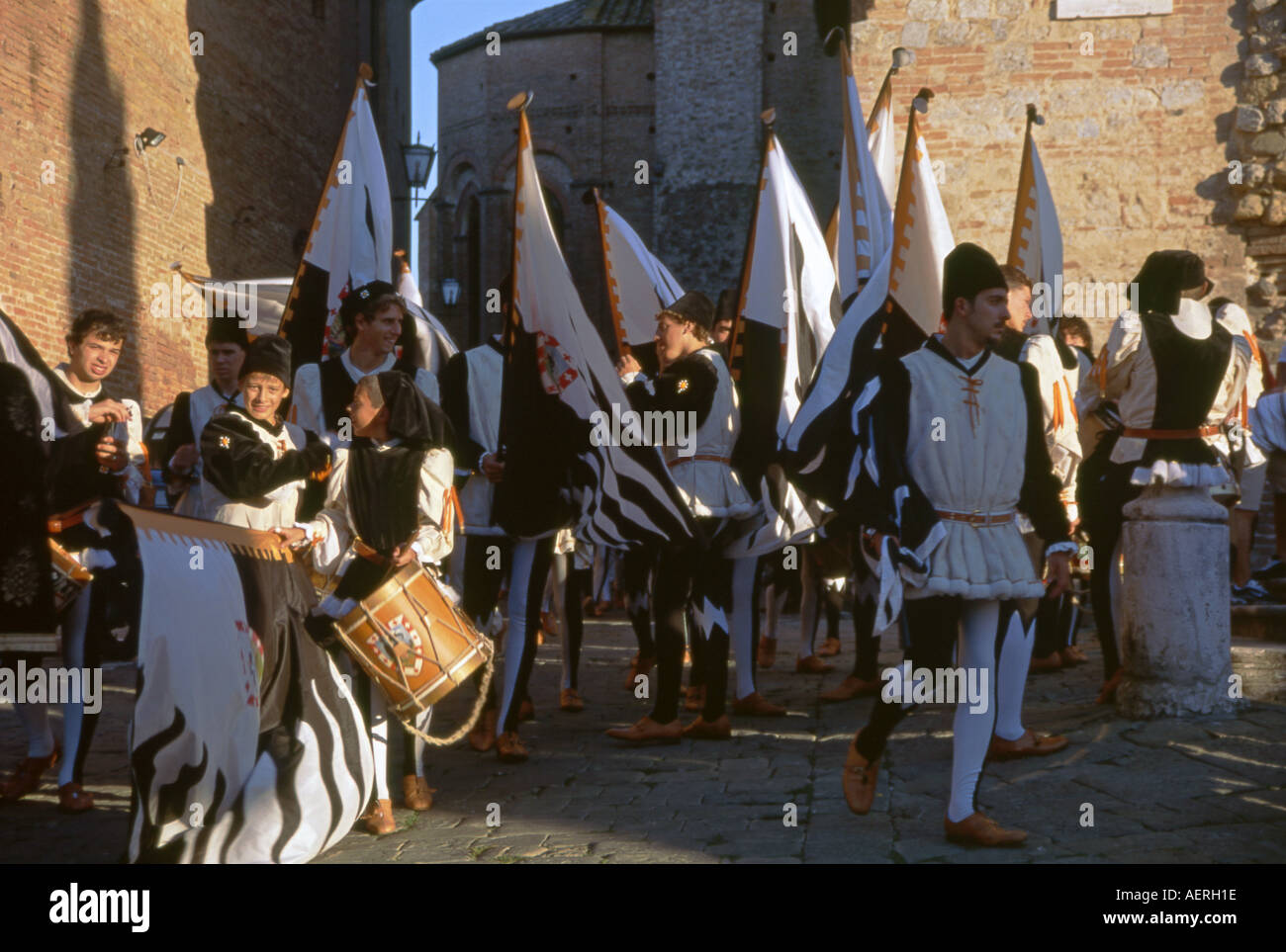 Colorful Street Parade of Flag Throwers in Medieval Costumes Palio ...