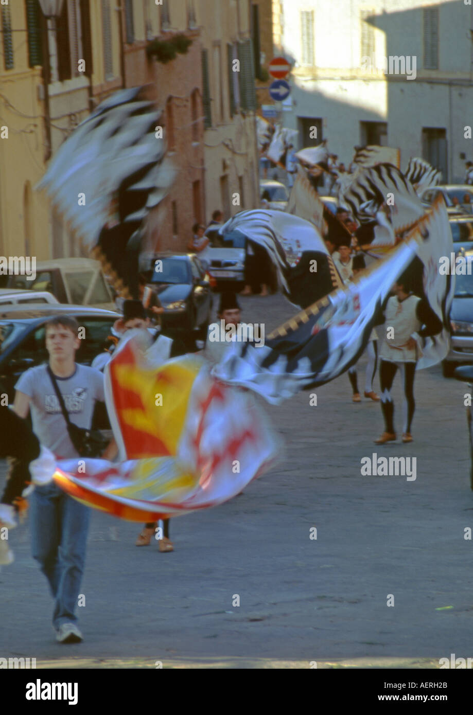Colorful Street Parade of Flag Throwers in Medieval Costumes Palio ...