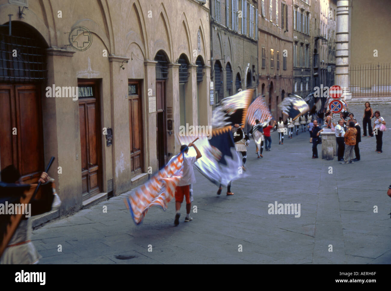 Colorful Street Parade of Flag Throwers in Medieval Costumes Palio ...