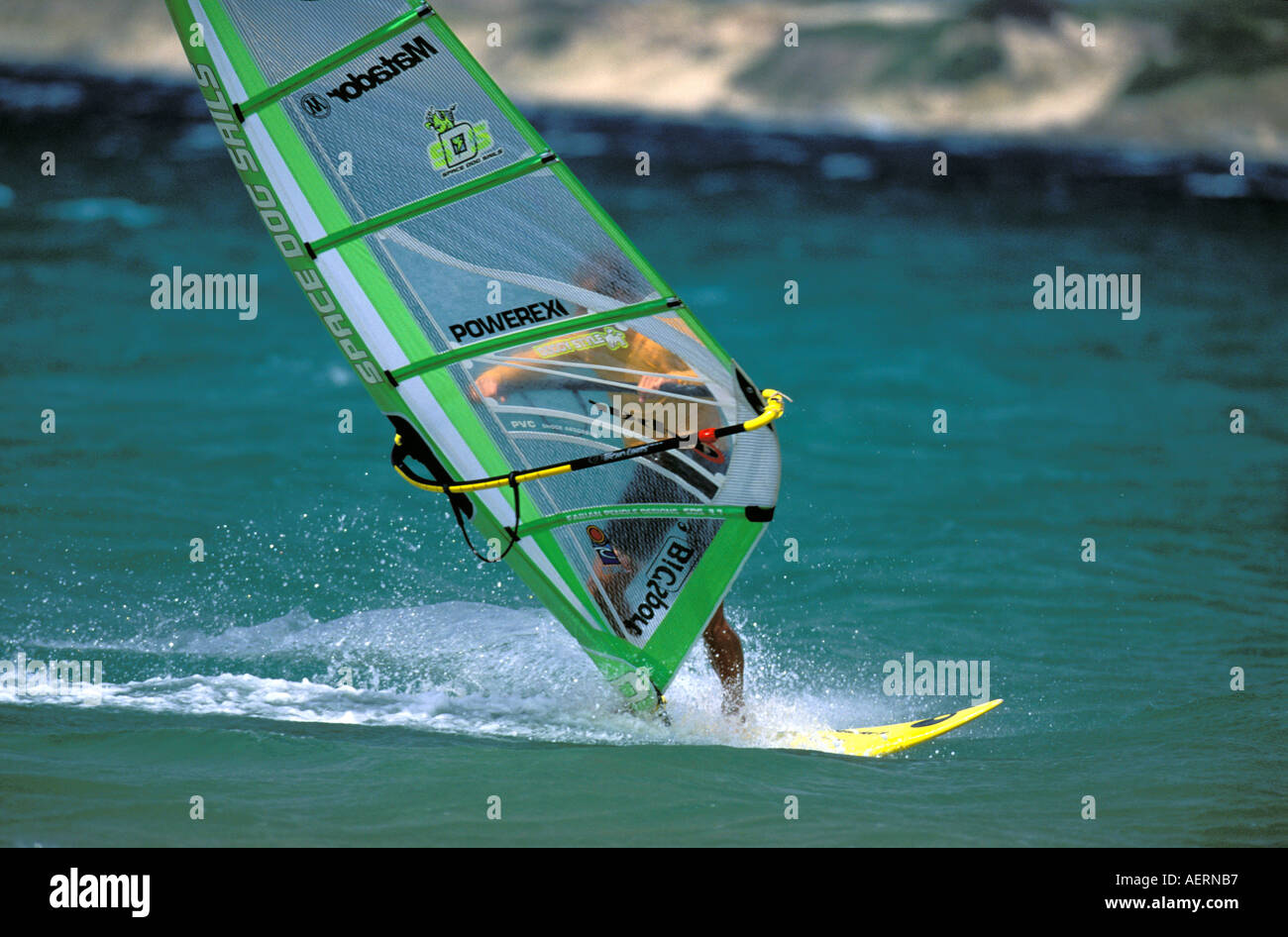 Windsurfing Tarifa 360 gybe 4th of a 7 picture sequence Stock Photo - Alamy