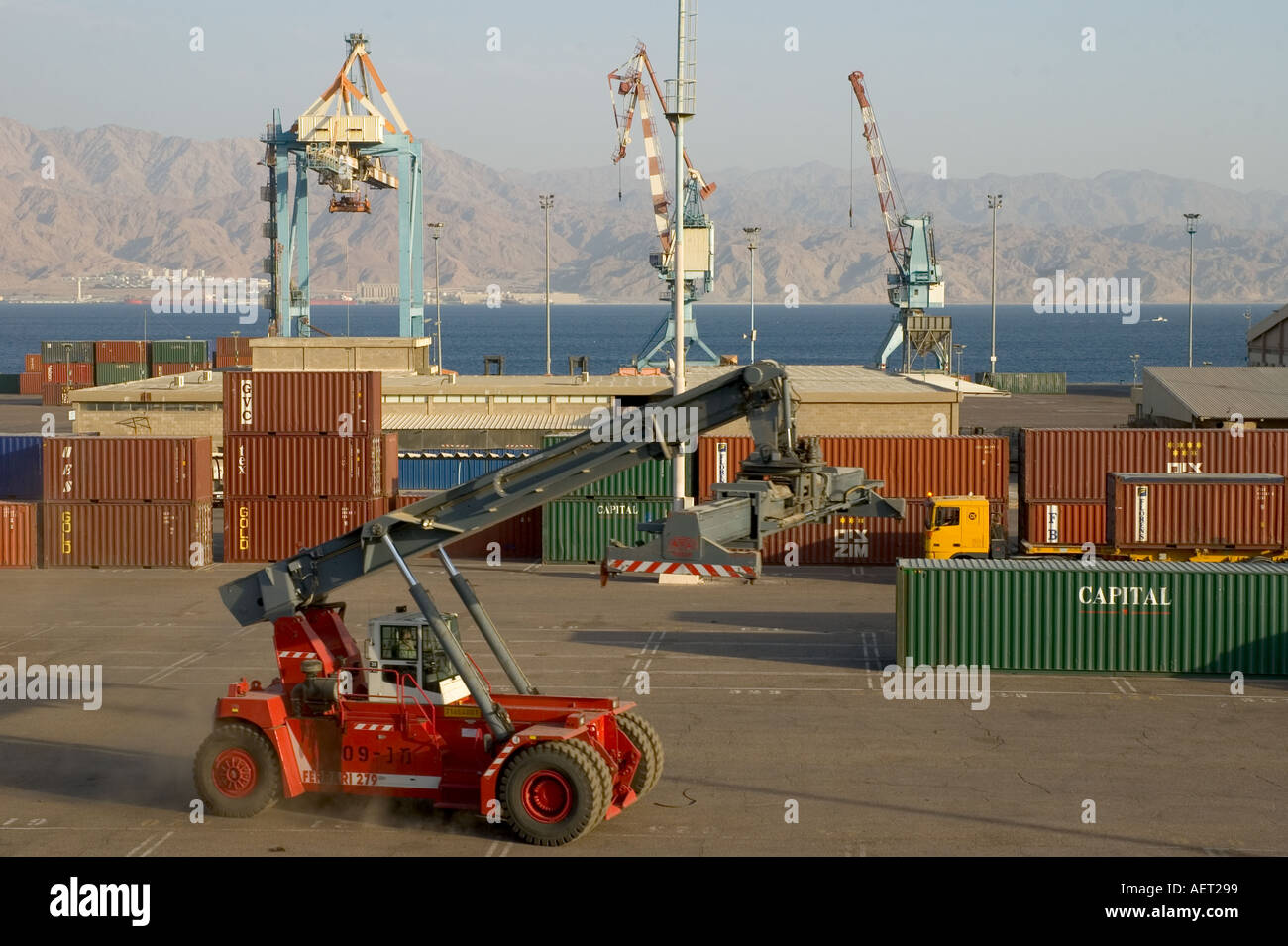 Israel Red Sea Eilat Harbour elevated view with large container mover ...