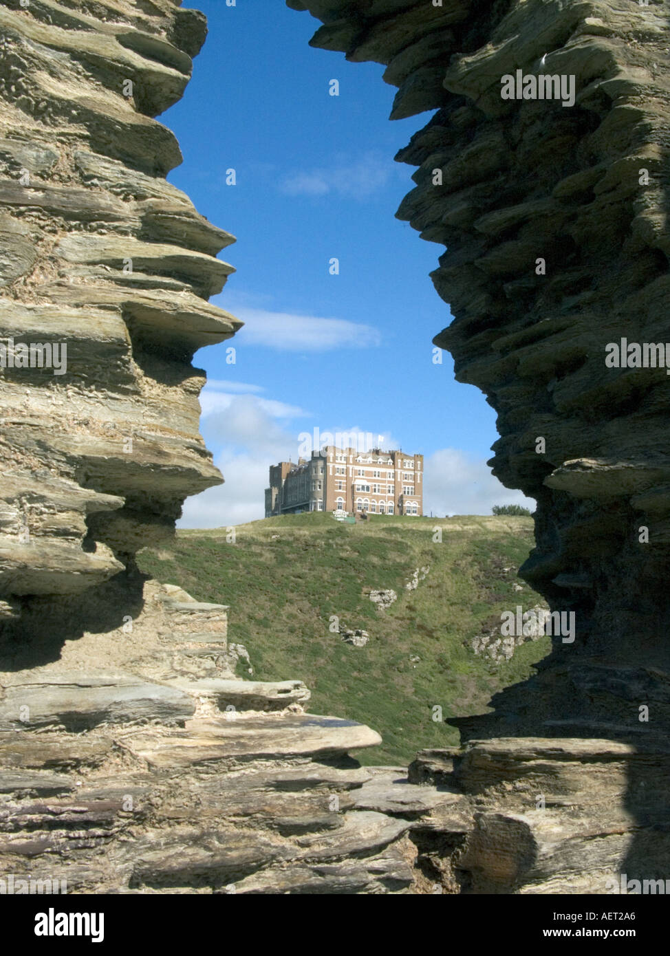 Tintagel Hotel, or Camelot Castle Hotel, viewed through a hole in the ...