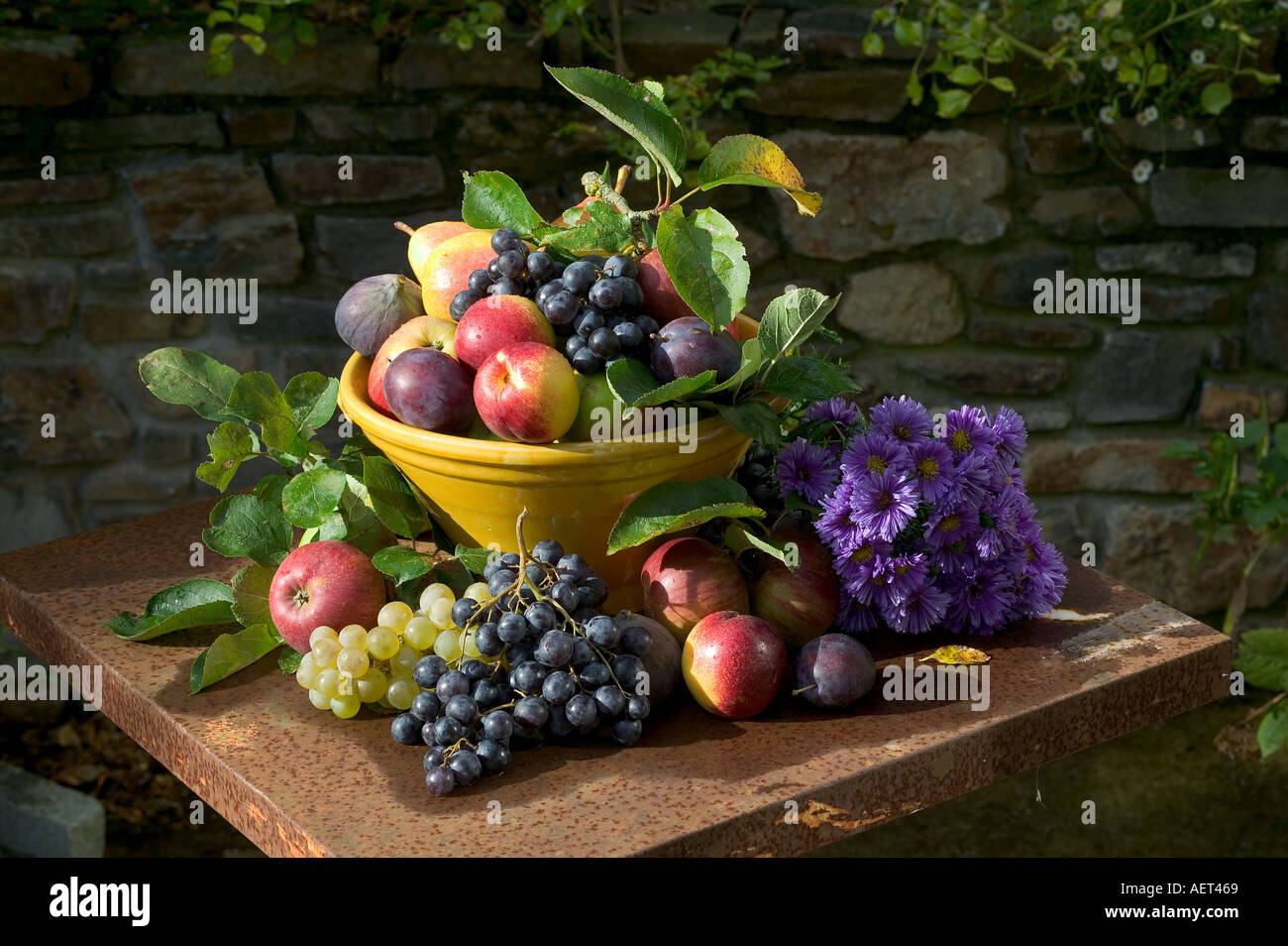 SEASONAL STILL LIFE WITH AN ASSORTMENT OF AUTUMNAL FRUITS IN A YELLOW ...