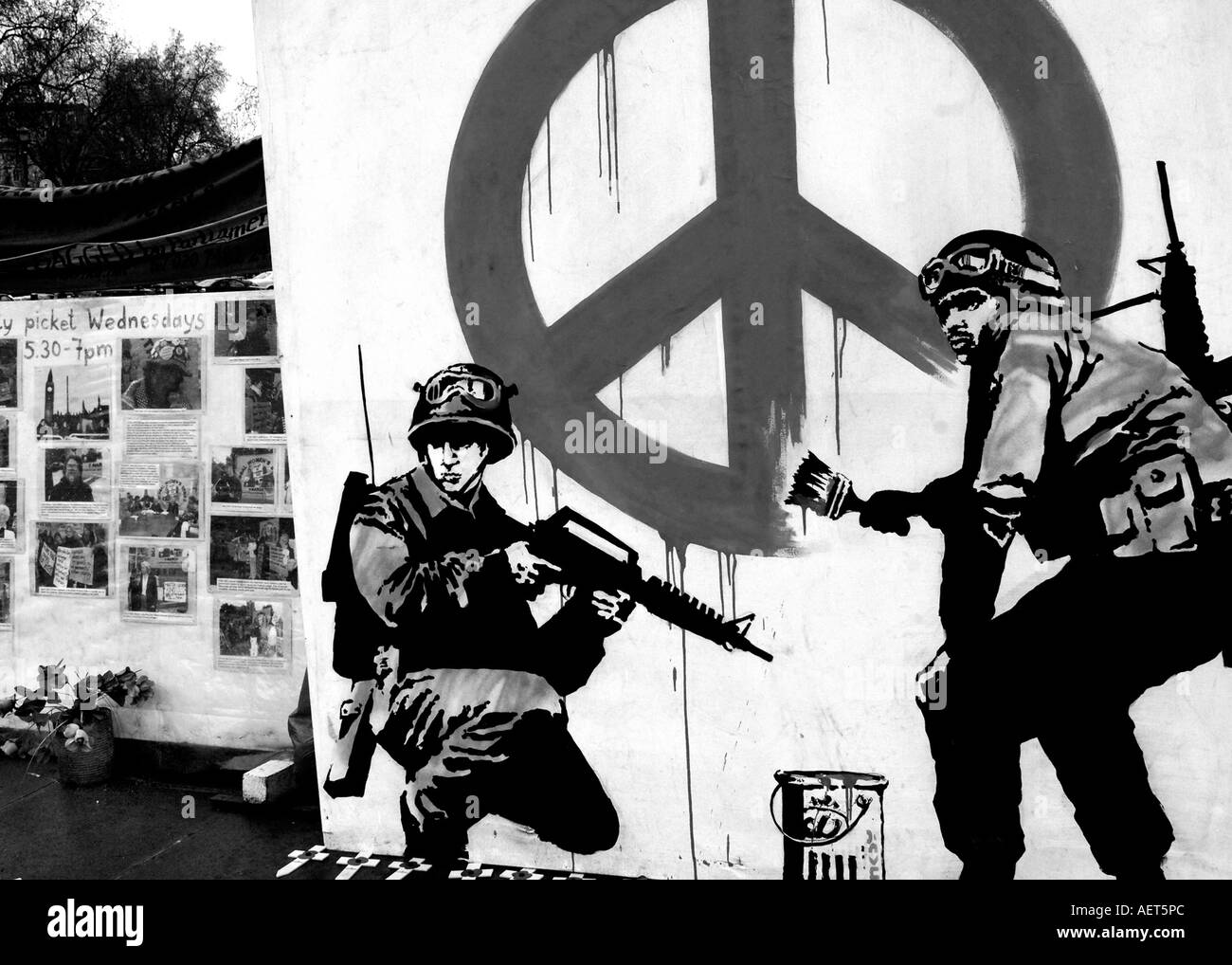 War protest art banners and poster displayed outside Westminster in ...