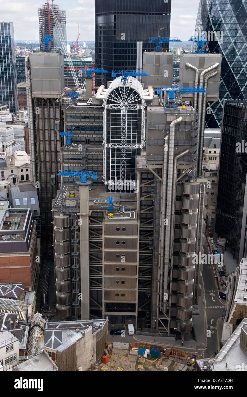 Close up aerial view of the Lloyds Building in the City of London This ...