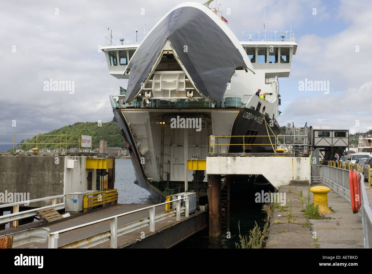 Lord of the Isles Caledonia MacBrayne ferry with bow door open ready to ...