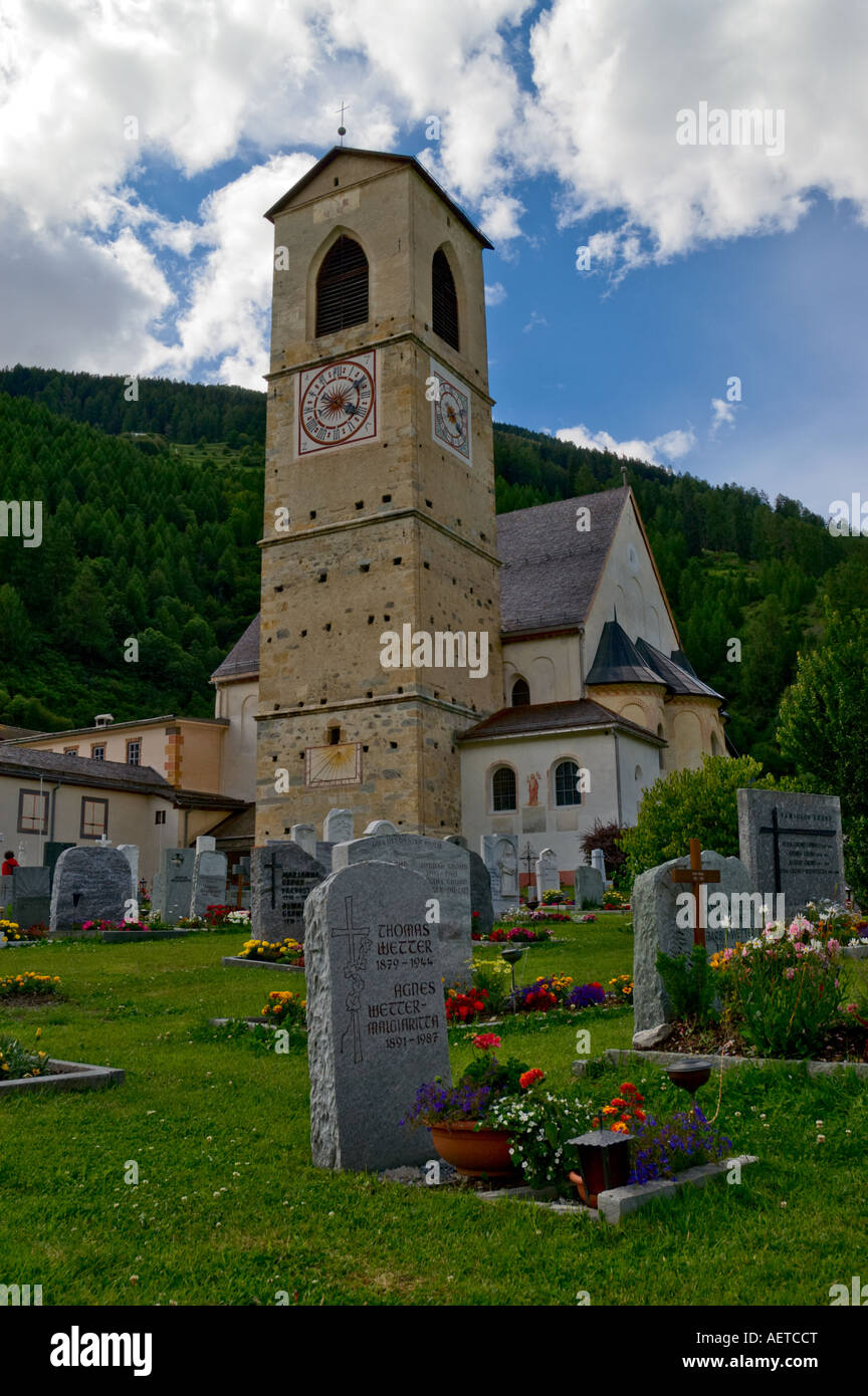 Bell tower and graveyard of Mustair monastery in Switzerland Stock ...