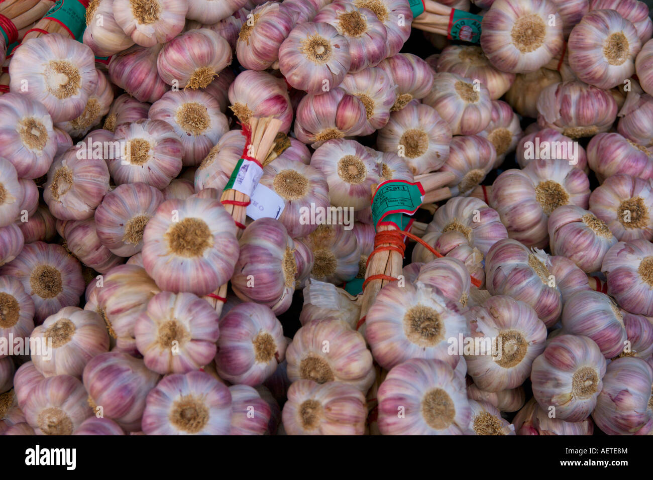 Garlic for sale on a typical French market, Languedoc Roussillon, South ...