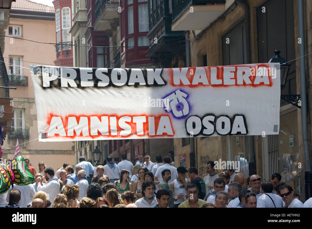 Basque independence protest banner in Euskara language during fiesta ...