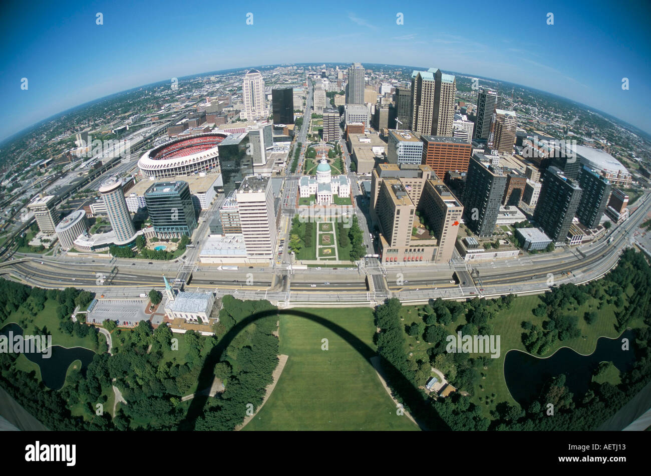 State capitol and downtown seen from Gateway Arch which casts a shadow ...