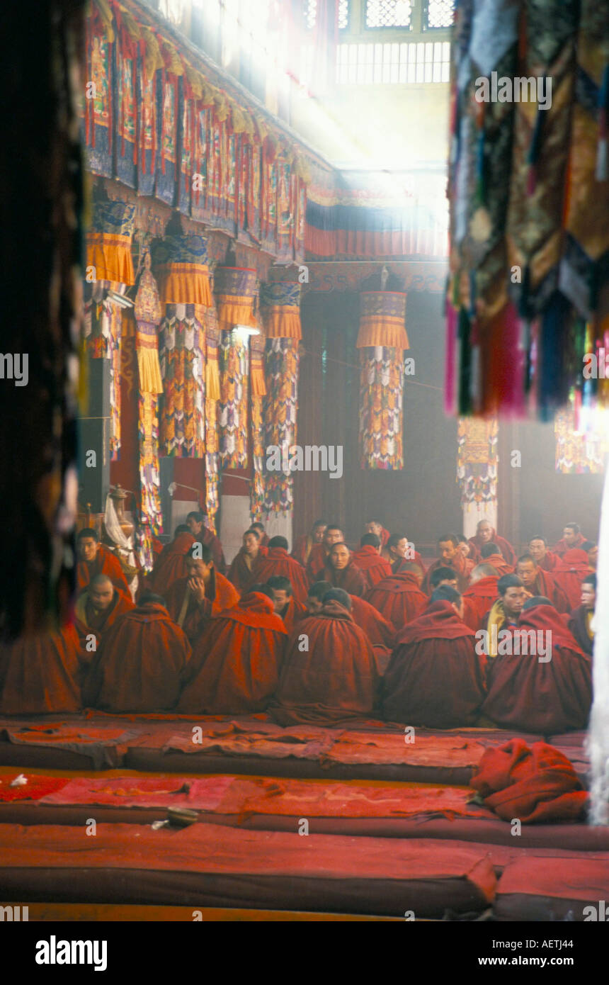 Monks inside the main prayer hall Drepung Buddhist monastery Lhasa ...