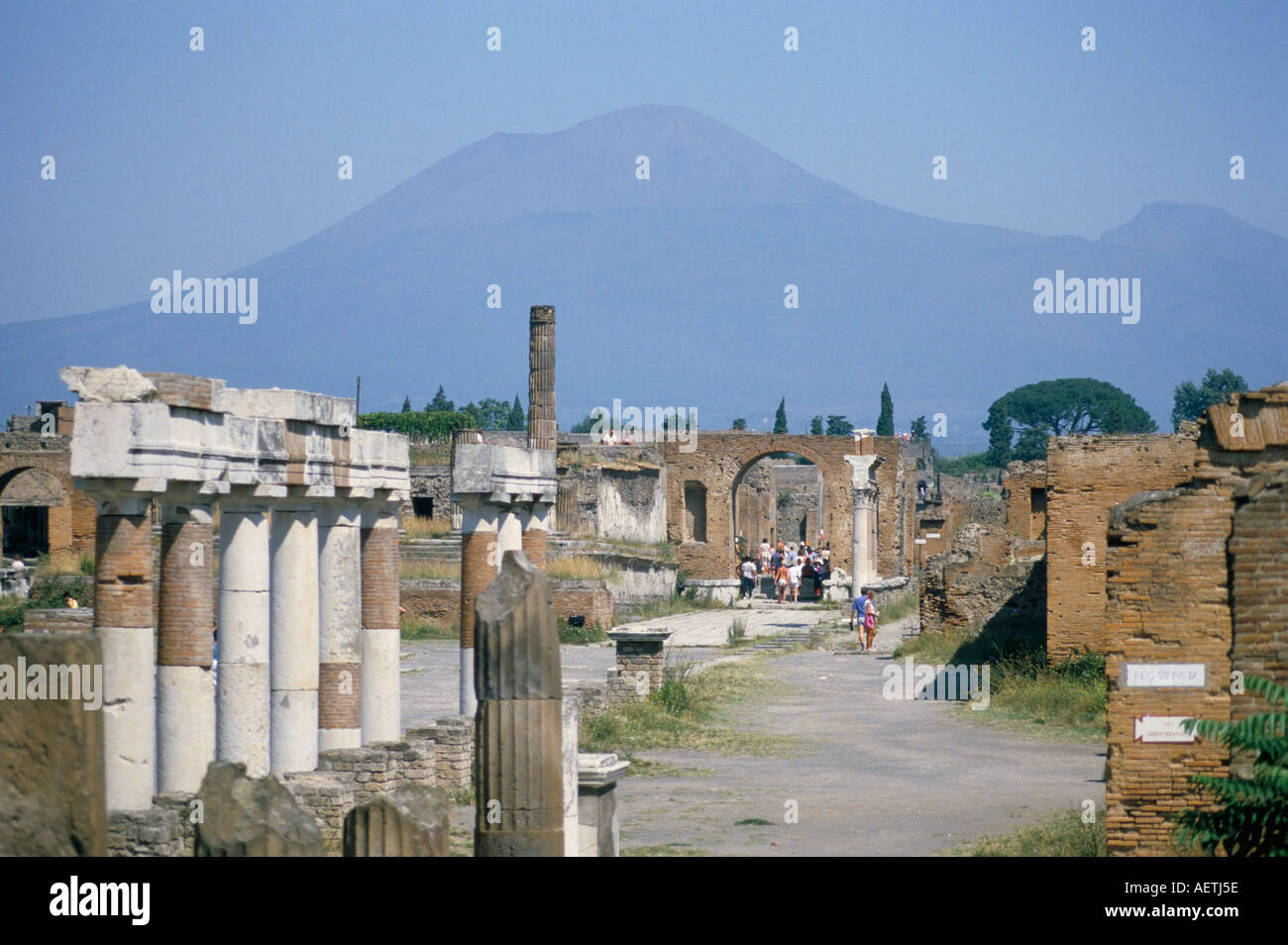 Vesuvius volcano from ruins of Forum buildings in Roman town Pompeii ...